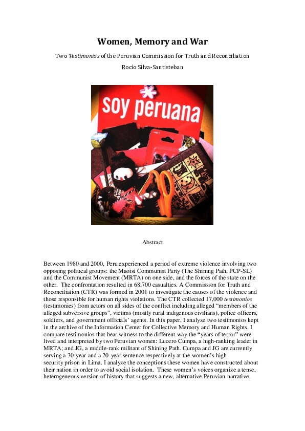 (PDF) Women, Memory and War. Two Testimonios of the Peruvian Commission ...