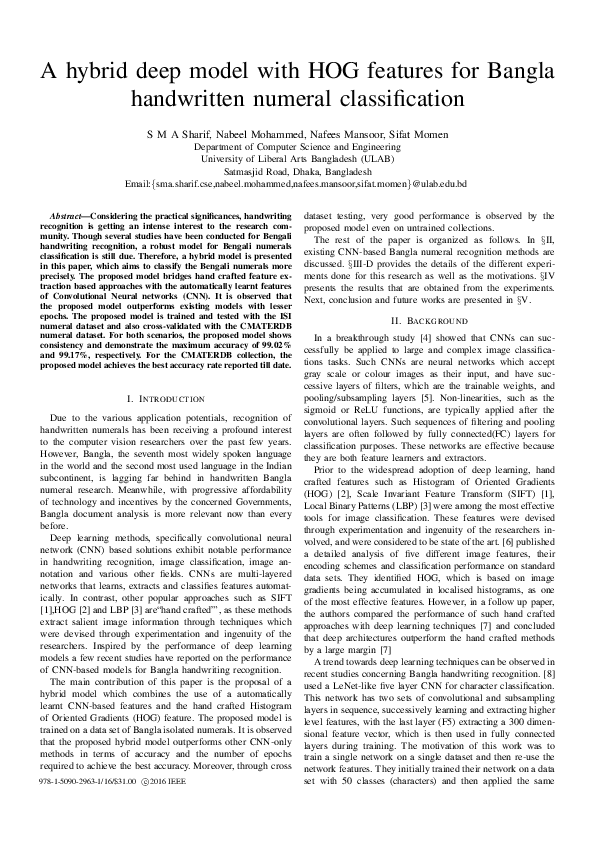 (PDF) A hybrid deep model with HOG features for Bangla handwritten numeral classification ...