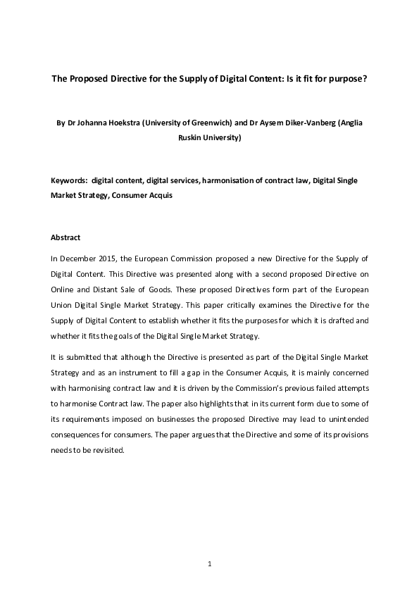(DOC) The Proposed Directive for the Supply of Digital Content Is it ...
