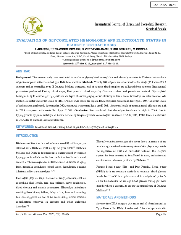 (PDF) EVALUATION OF GLYCOSYLATED HEMOGLOBIN AND ELECTROLYTE STATUS IN ...