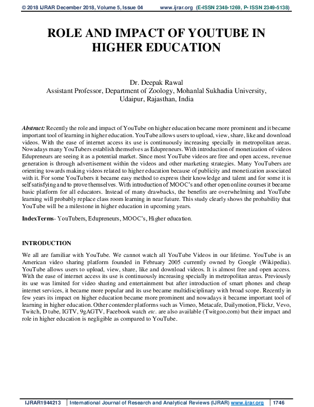 (PDF) ROLE AND IMPACT OF YOUTUBE IN HIGHER EDUCATION