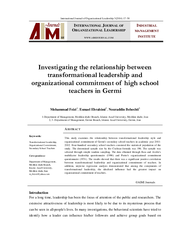 (PDF) PRINCIPALS’ TRANSFORMATIONAL LEADERSHIP PRACTICES AS DETERMINANTS ...