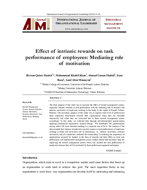(PDF) Effect of intrinsic rewards on task performance of employees: Mediating role of motivation