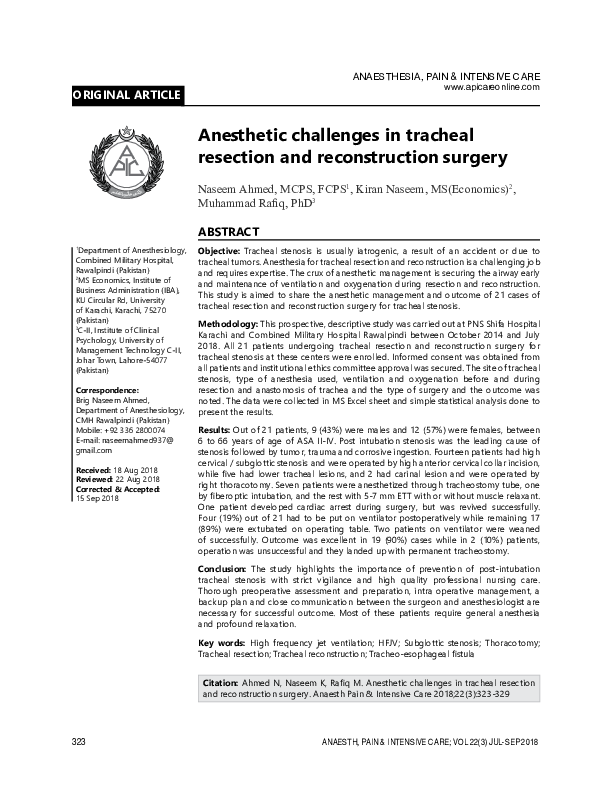 (PDF) Anesthetic challenges in tracheal resection and reconstruction ...