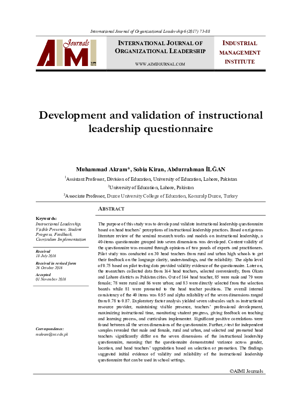 (PDF) Development and validation of instructional leadership questionnaire