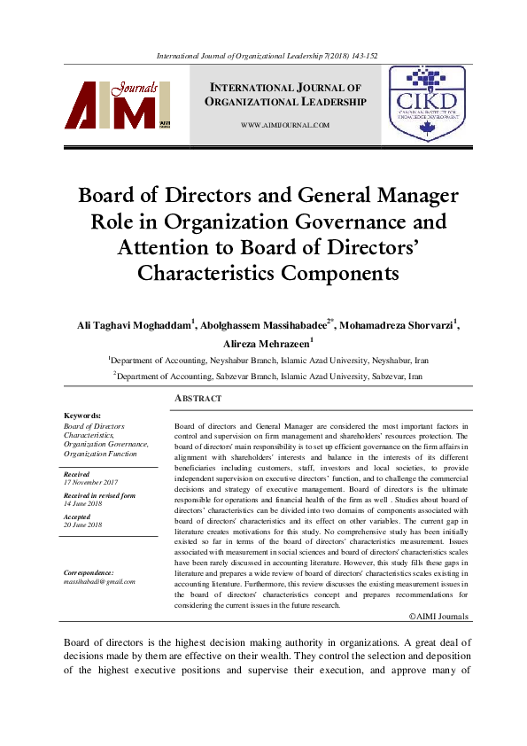 (PDF) Board of Directors and General Manager Role in Organization ...