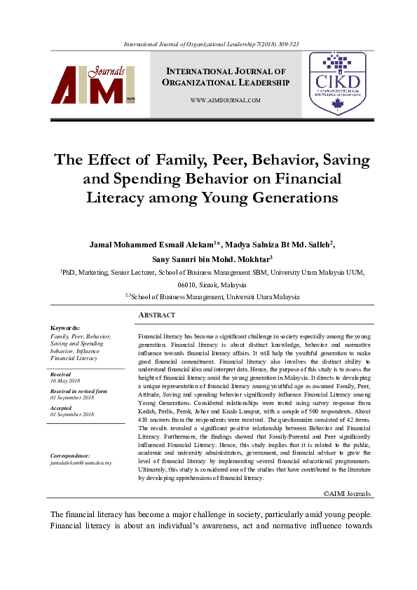 (PDF) The Effect of Family, Peer, Behavior, Saving and Spending Behavior on Financial Literacy ...