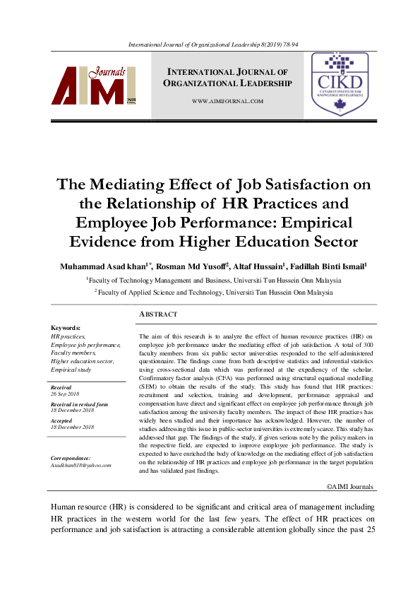 (PDF) The Mediating Effect of Job Satisfaction on the Relationship of HR Practices and Employee ...