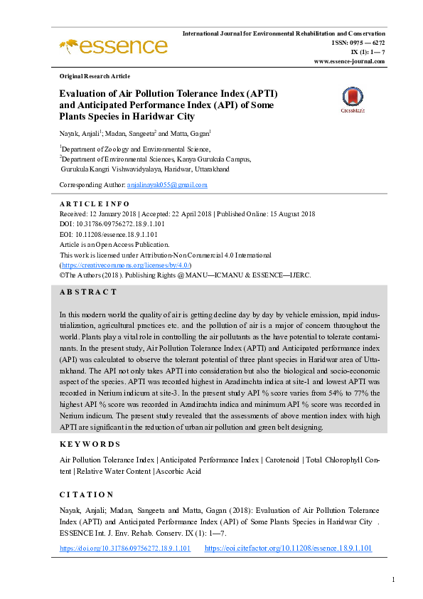 Pdf Evaluation Of Air Pollution Tolerance Index