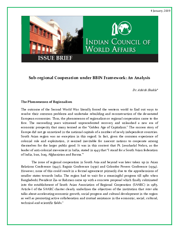 (PDF) Sub-regional Cooperation under BBIN Framework: An Analysis