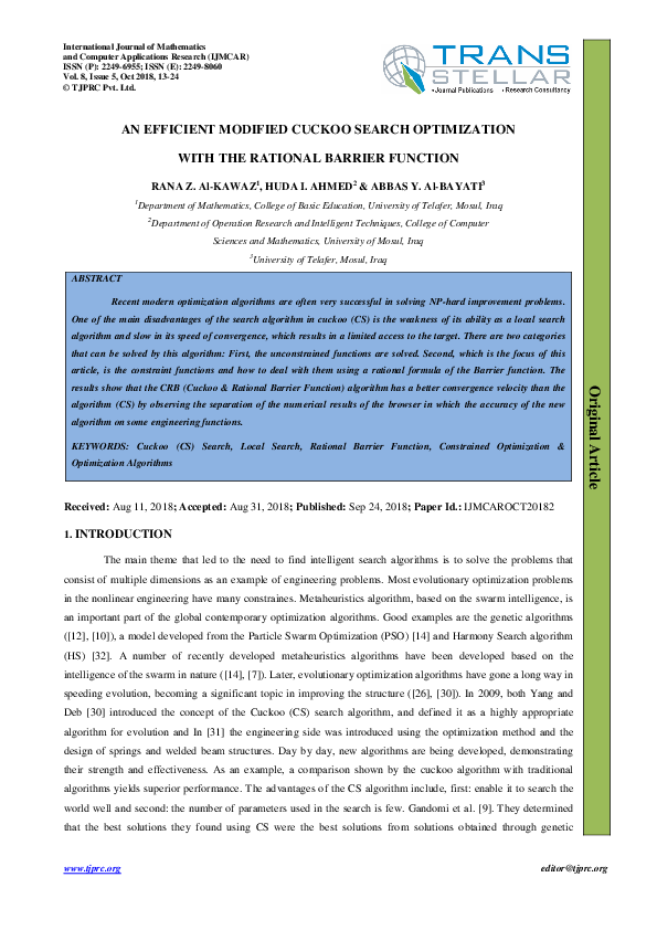 Pdf An Efficient Modified Cuckoo Search Optimization With The Rational Barrier Function 1407