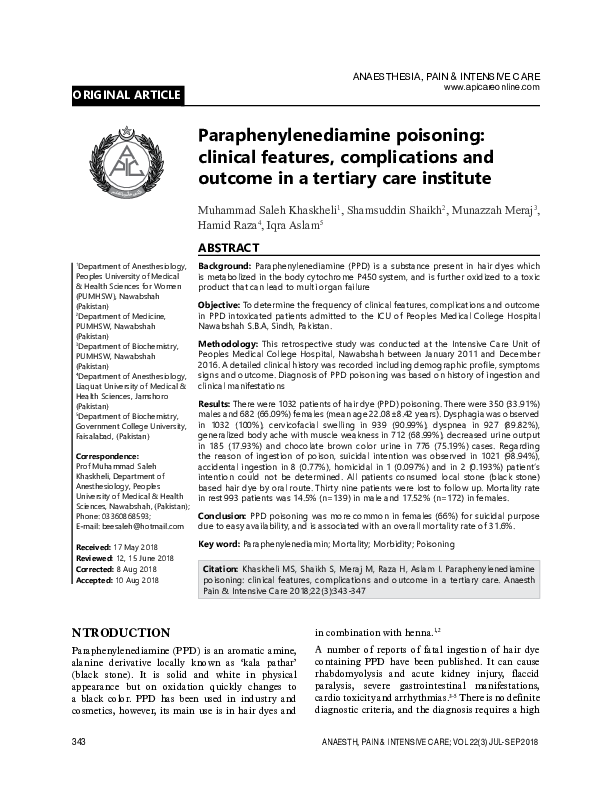 (PDF) Paraphenylenediamine poisoning: clinical features, complications ...
