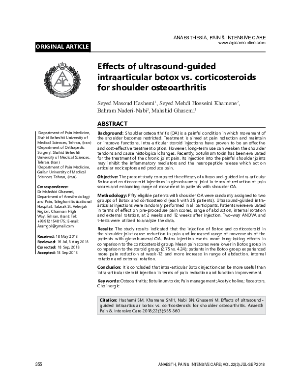 (PDF) Effects of ultrasound-guided intraarticular botox vs ...