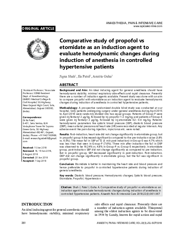 (PDF) Comparative study of propofol vs etomidate as an induction agent to evaluate hemodynamic ...