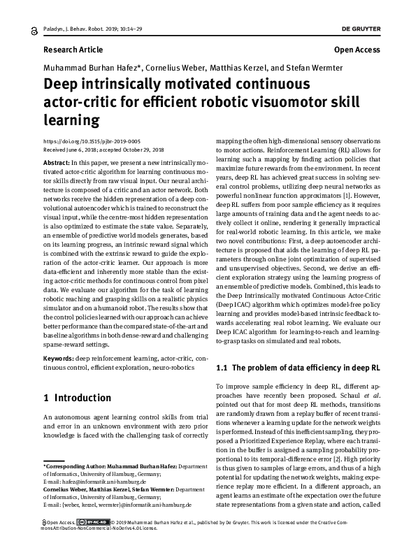 Pdf Deep Intrinsically Motivated Continuous Actor Critic For Efficient Robotic Visuomotor