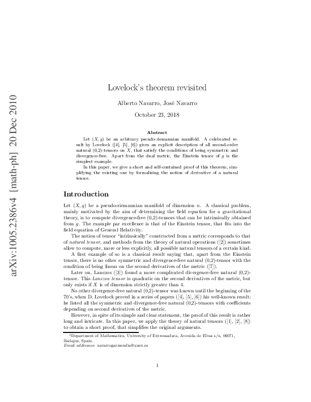 (PDF) Lovelock’s theorem revisited