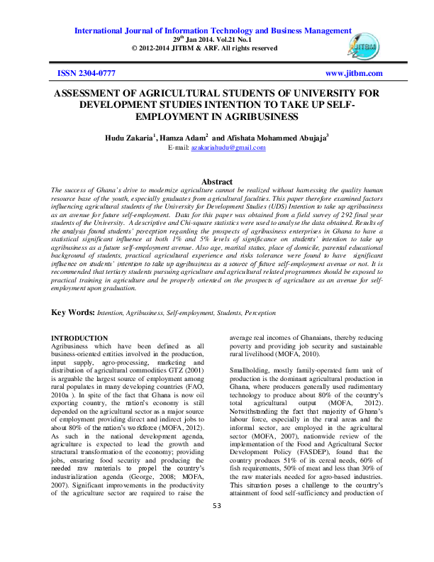 (PDF) PAPER ON 'ASSESSMENT OF AGRICULTURAL STUDENTS OF UDS INTENTION TO ...