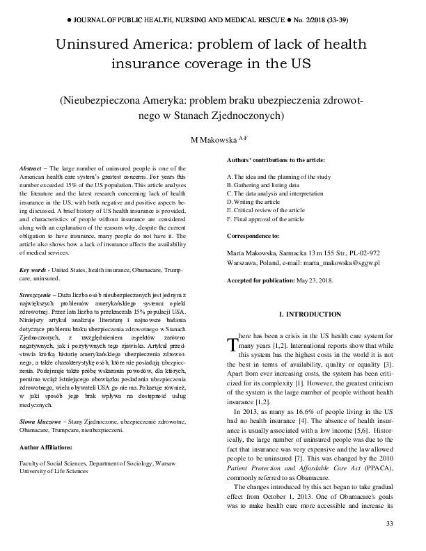 (PDF) Makowska, M. (2018) Uninsured America: problem of lack of health ...