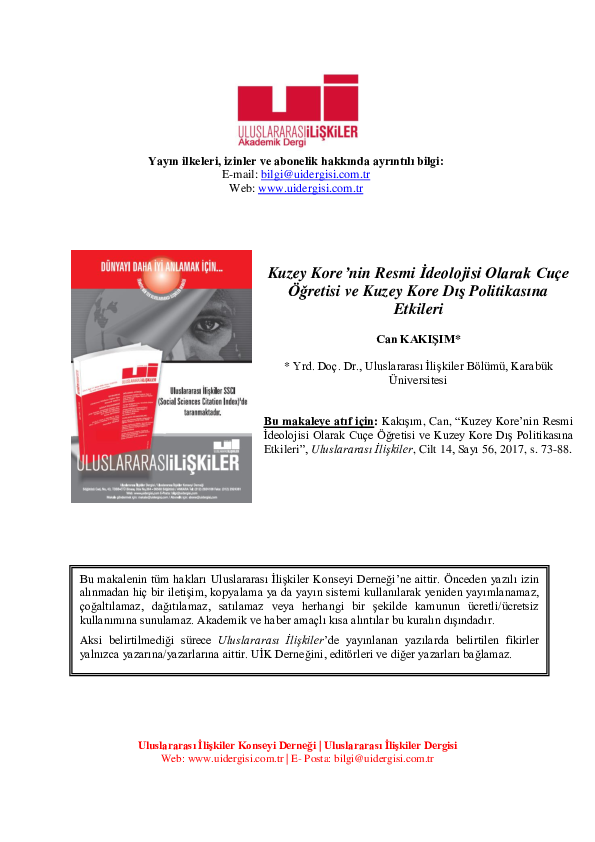(PDF) Kuzey Kore'nin Resmi İdeolojisi Olarak Cuçe Öğretisi ve Kuzey ...