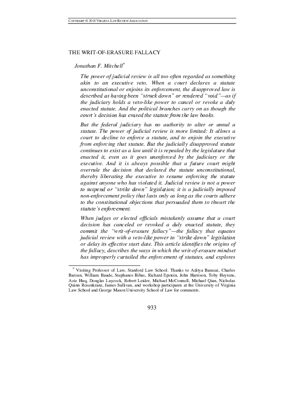 (PDF) Jonathan F. Mitchell, The Writ-of-Erasure Fallacy, 104 Va. L. Rev ...