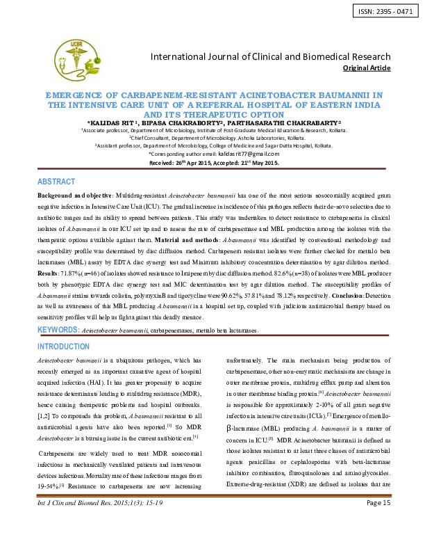 (PDF) EMERGENCE OF CARBAPENEM-RESISTANT ACINETOBACTER BAUMANNII IN THE INTENSIVE CARE UNIT OF A ...