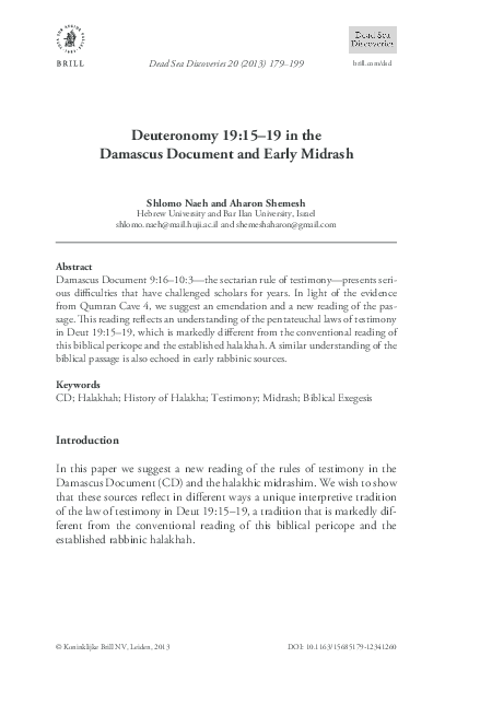 (PDF) Shlomo Naeh and Aharon Shemesh, “Deuteronomy 19:15–19 in the ...