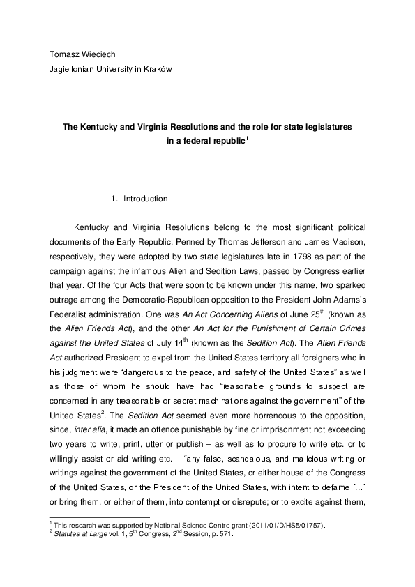 (PDF) The Kentucky and Virginia Resolutions and the role for state ...