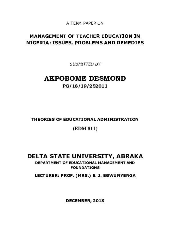 (DOC) MANAGEMENT OF TEACHER EDUCATION IN NIGERIA: ISSUES, PROBLEMS AND ...