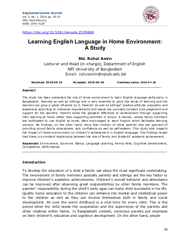 (DOC) Learning English Language in Home Environment: A Study