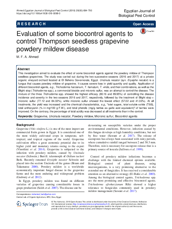 (PDF) Evaluation of some biocontrol agents to control Thompson seedless grapevine powdery mildew ...
