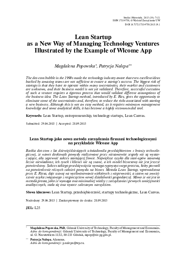 (PDF) Lean Startup as a New Way of Managing Technology Ventures ...