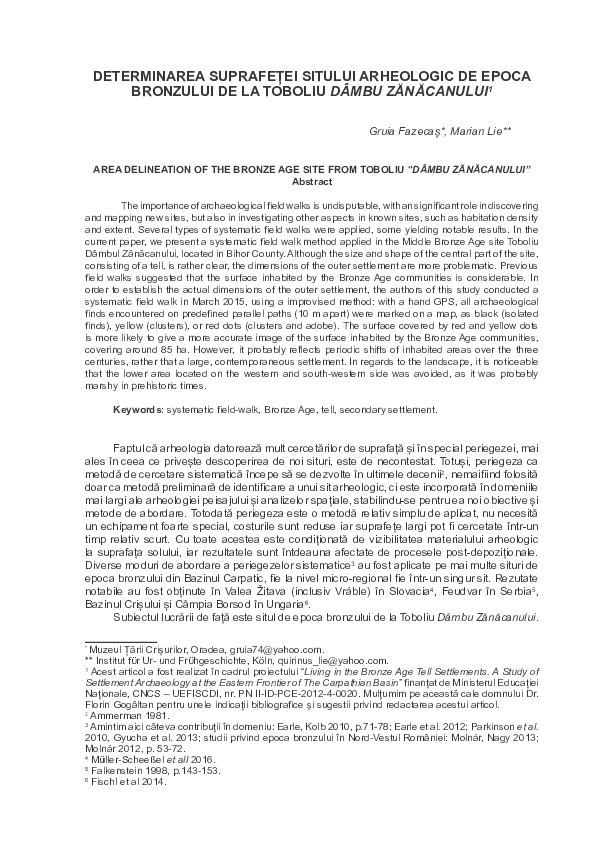 (PDF) Determinarea suprafeței sitului arheologic de epoca bronzului de la Toboliu - Dâmbu ...