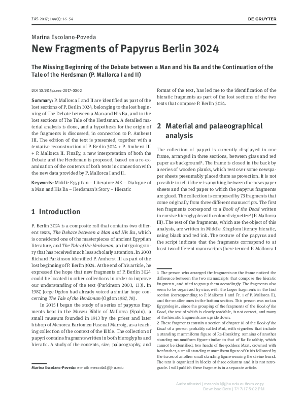 (PDF) New Fragments of Papyrus Berlin 3024: The Missing Beginning of ...