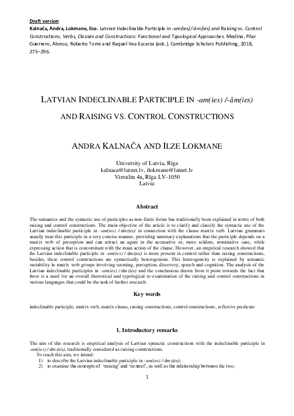 (PDF) LATVIAN INDECLINABLE PARTICIPLE IN -am(ies) /-ām(ies) AND RAISING ...