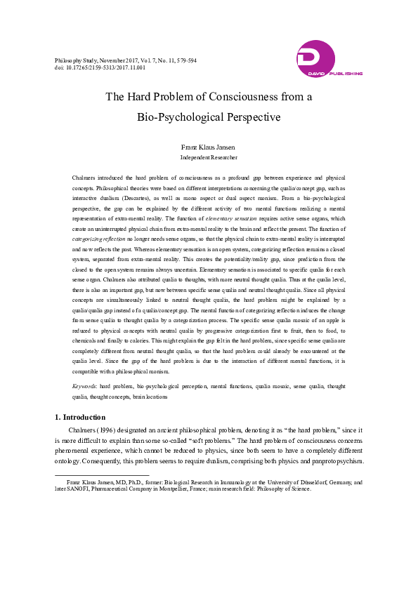 (PDF) The Hard Problem of Consciousness from a Bio-Psychological Perspective