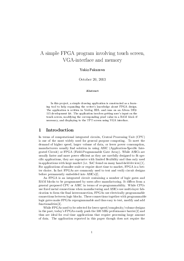 Pdf A Simple Fpga Program Involving Touch Screen Vga Interface And Memory
