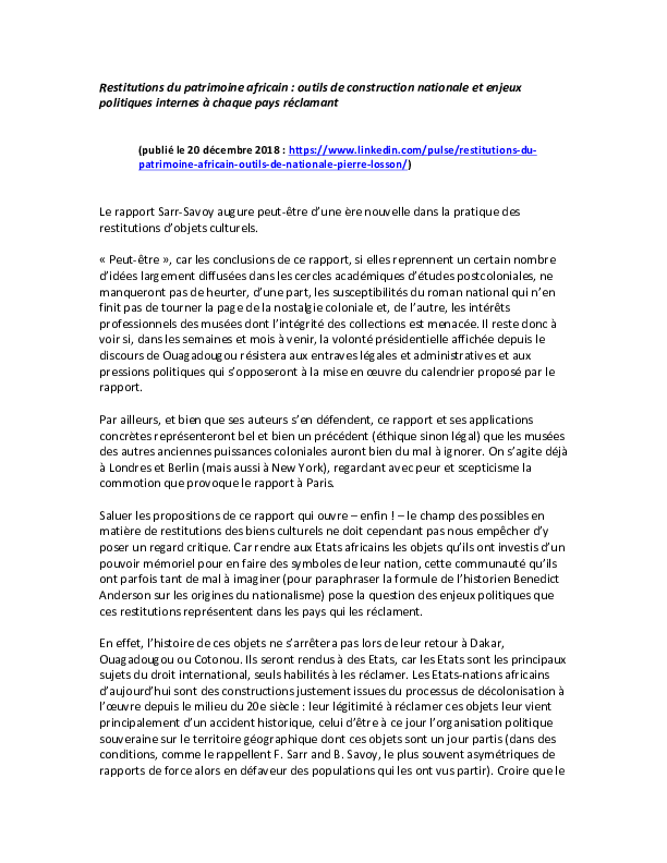(PDF) Restitutions du patrimoine africain : outils de construction ...