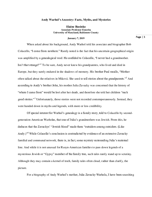 (PDF) Andy Warhol's Ancestry: Facts, Myths, and Mysteries