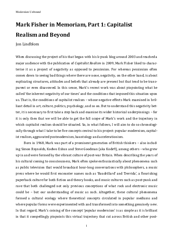 (PDF) Mark Fisher in Memoriam, Part 1: Capitalist Realism and Beyond