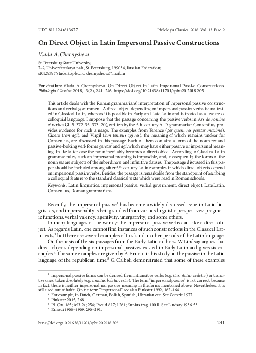 (PDF) On Direct Object in Latin Impersonal Passive Constructions