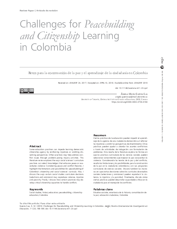 (PDF) Challenges for Peacebuilding and Citizenship Learning in Colombia ...