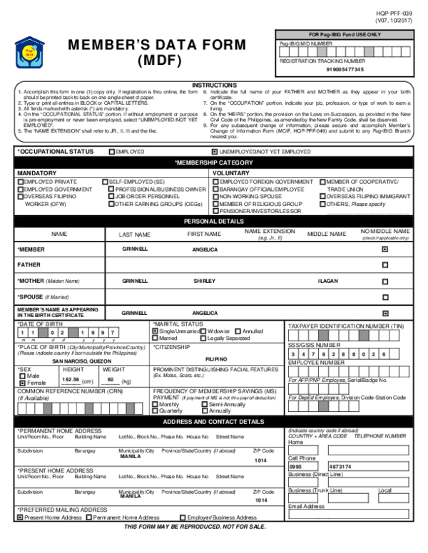 (PDF) MEMBER'S DATA FORM (MDF