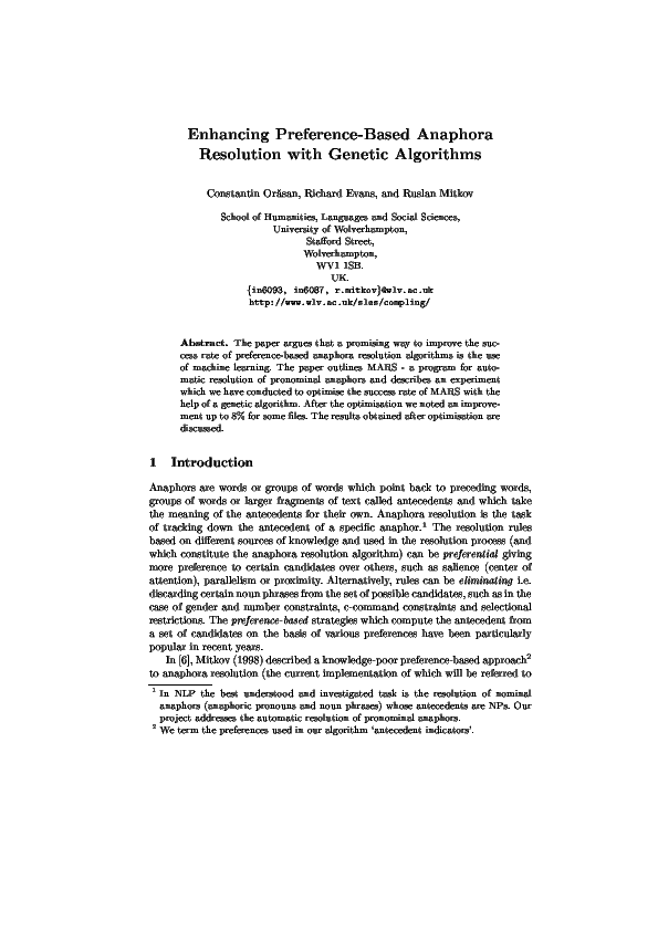 (PDF) Enhancing preference-based anaphora resolution with genetic algorithms