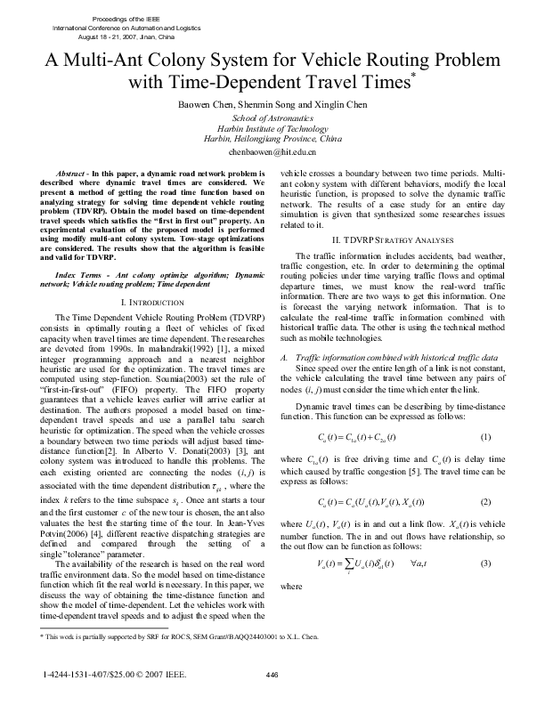 (PDF) A Multi-Ant Colony System for Vehicle Routing Problem with Time-Dependent Travel Times