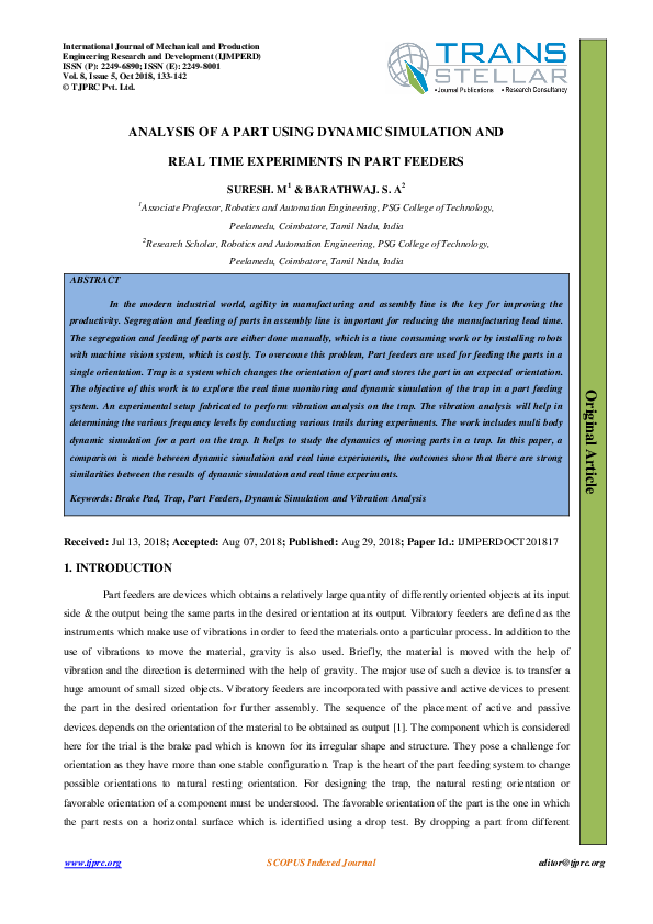 Pdf Analysis Of A Part Using Dynamic Simulation And Real Time Experiments In Part Feeders