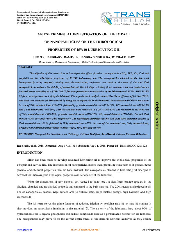 (PDF) AN EXPERIMENTAL INVESTIGATION OF THE IMPACT OF NANOPARTICLES ON THE TRIBOLOGICAL ...