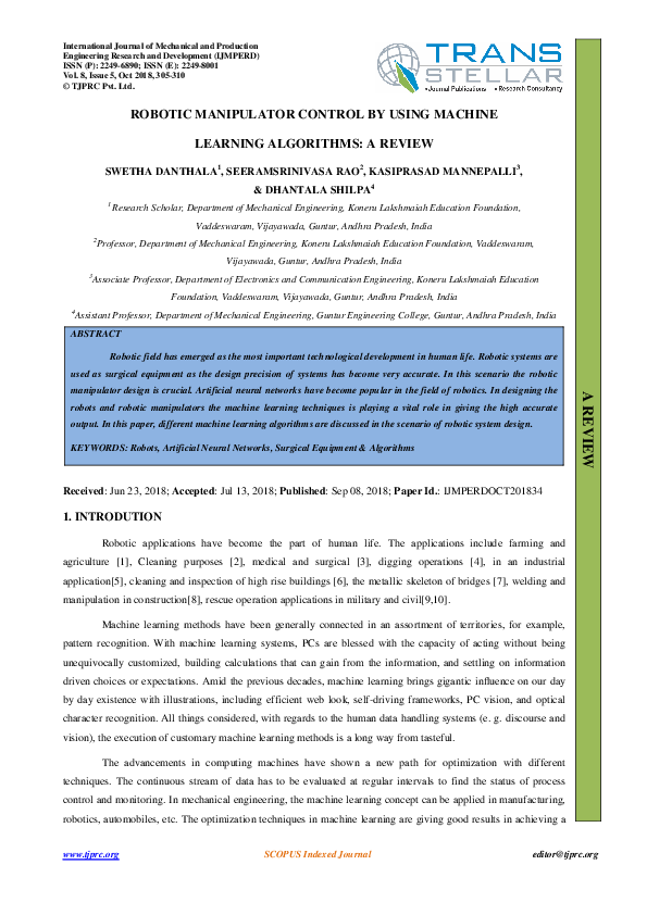 (PDF) ROBOTIC MANIPULATOR CONTROL BY USING MACHINE LEARNING ALGORITHMS: A REVIEW