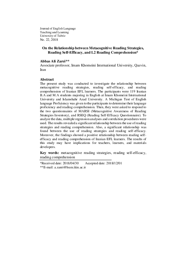 (PDF) The Correlation between Reading Self-Efficacy and Reading Comprehension | JEET fkip ...