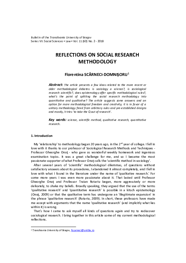 (PDF) REFLECTIONS ON SOCIAL RESEARCH METHODOLOGY