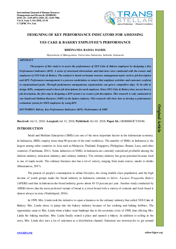 (PDF) DESIGNING OF KEY PERFORMANCE INDICATORS FOR ASSESSING YES CAKE ...